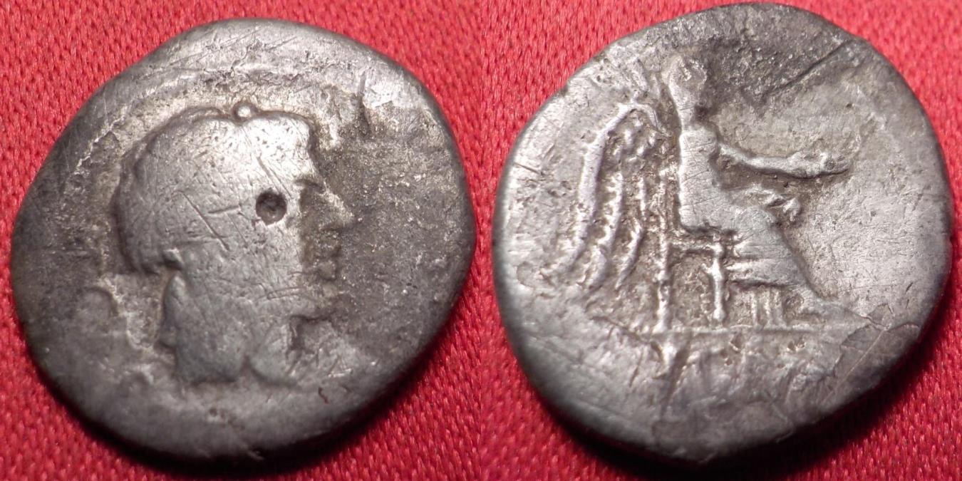 MARCUS PORCIUS CATO AR silver quinarius. 89-88 BC. Liber wearing ivy ...