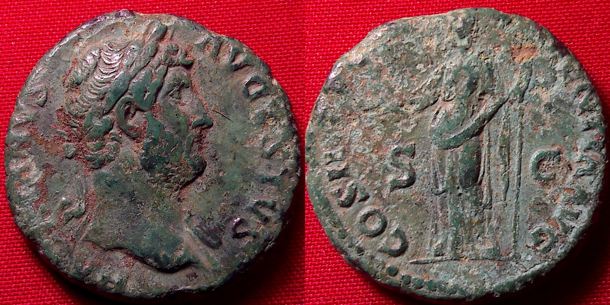 HADRIAN AE as. 132-134 AD. CLEMENTIA standing, holding patera & scepter.