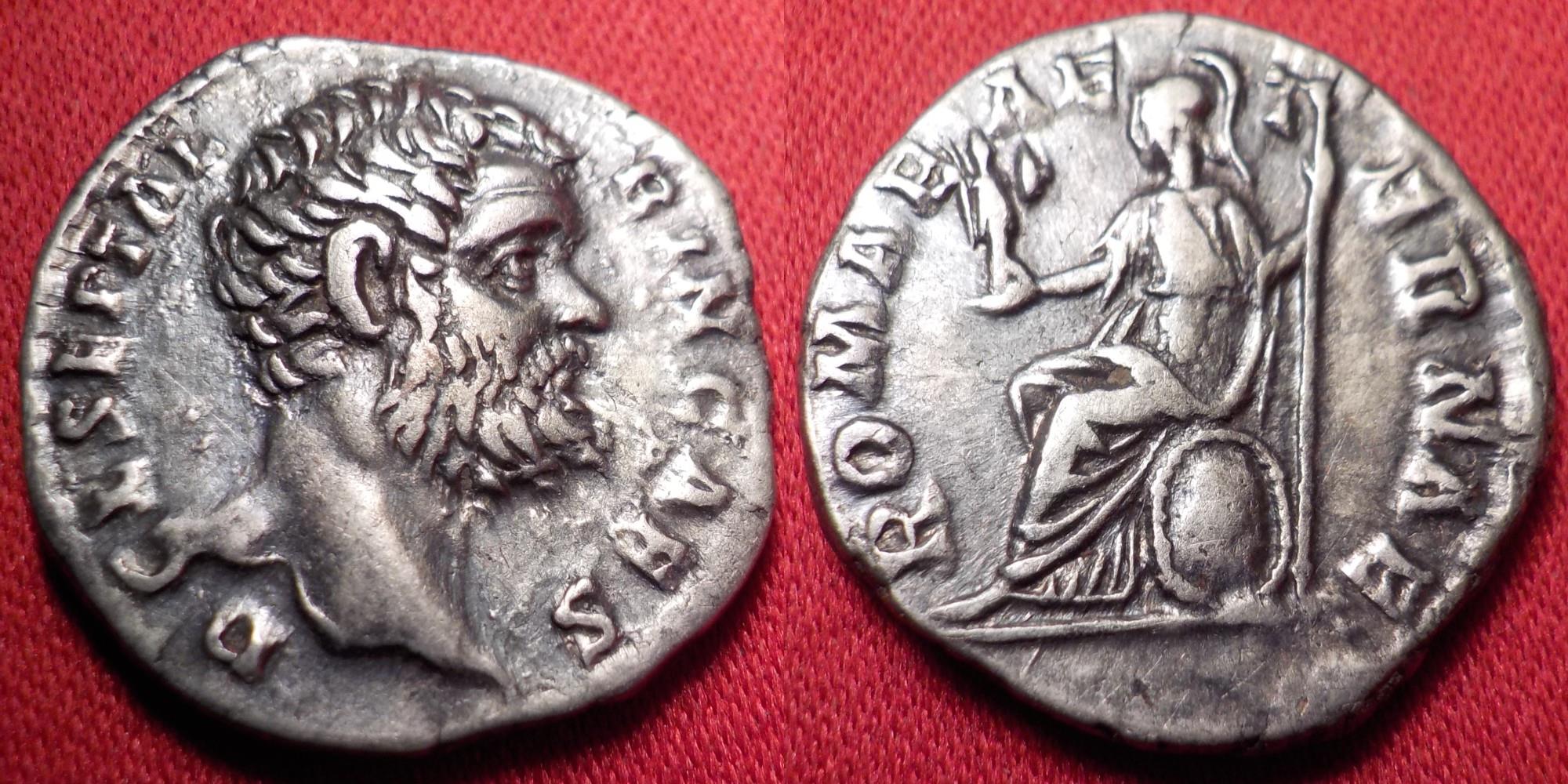 CLODIUS ALBINUS AR silver denarius. ROMAE AETERNAE, Roma seated left.