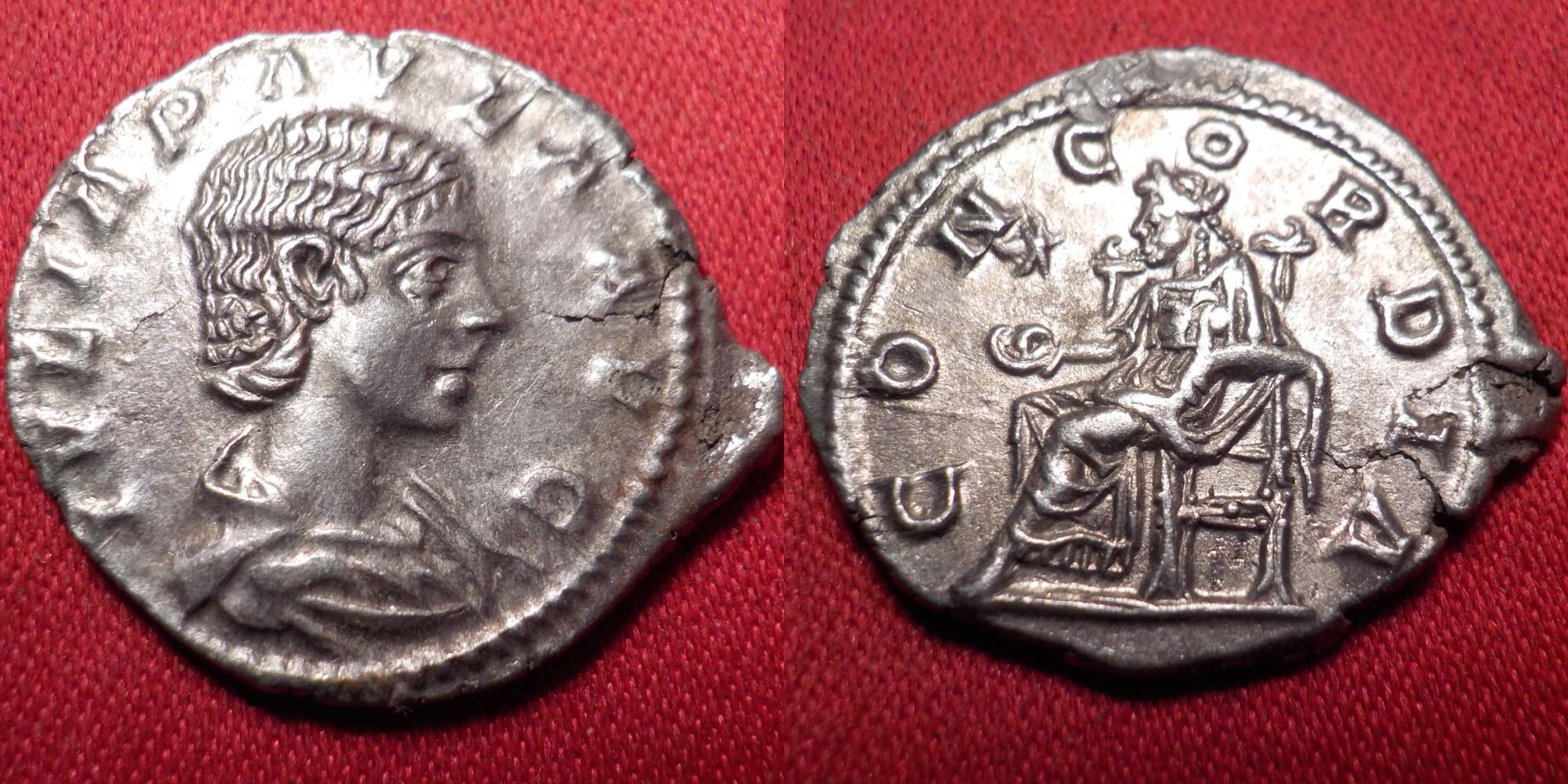 JULIA PAULA AR silver denarius. CONCORDIA seated, holding patera. First ...