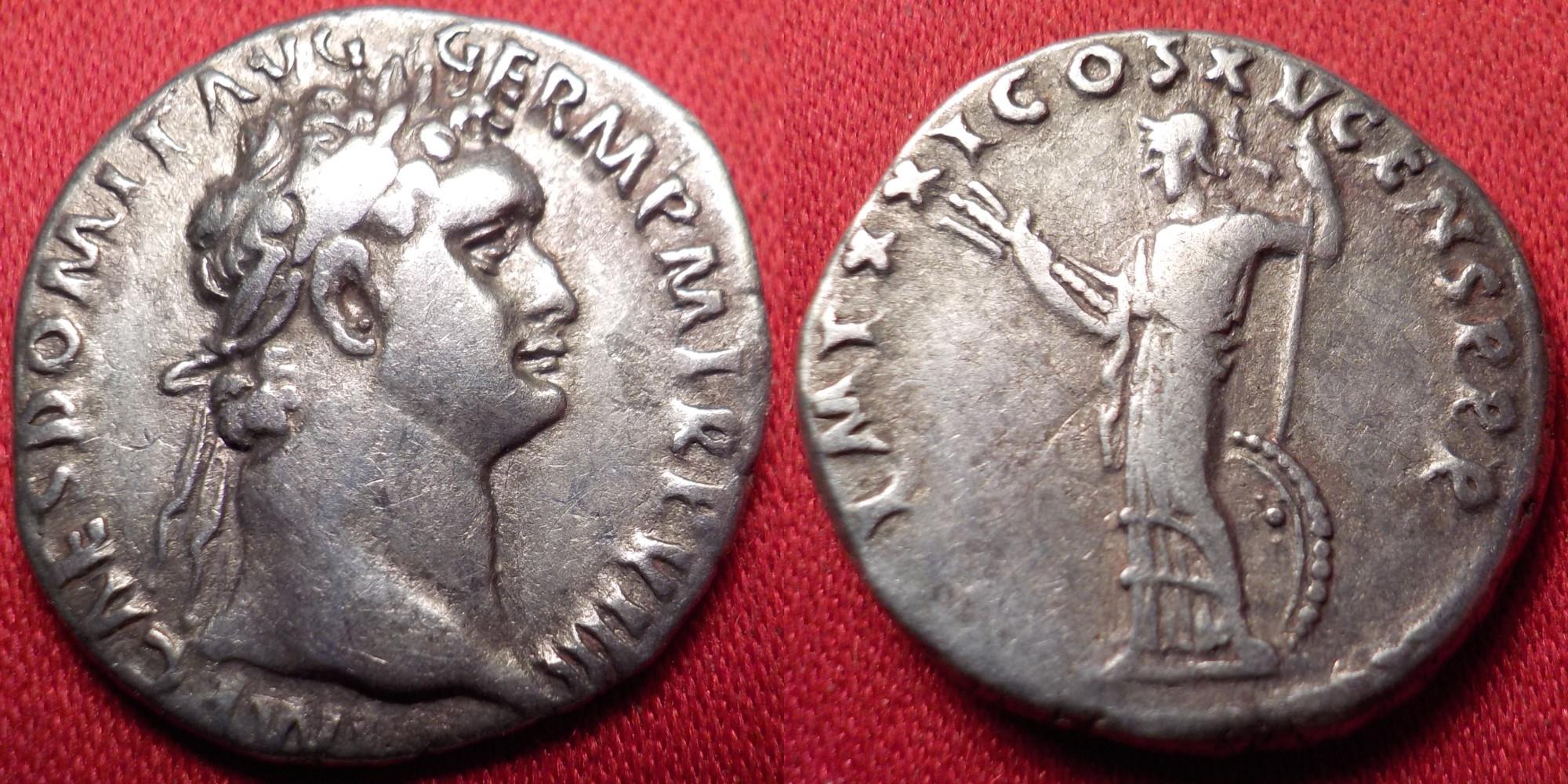 DOMITIAN AR silver denarius. Rome, 92-93 AD. Minerva standing left ...