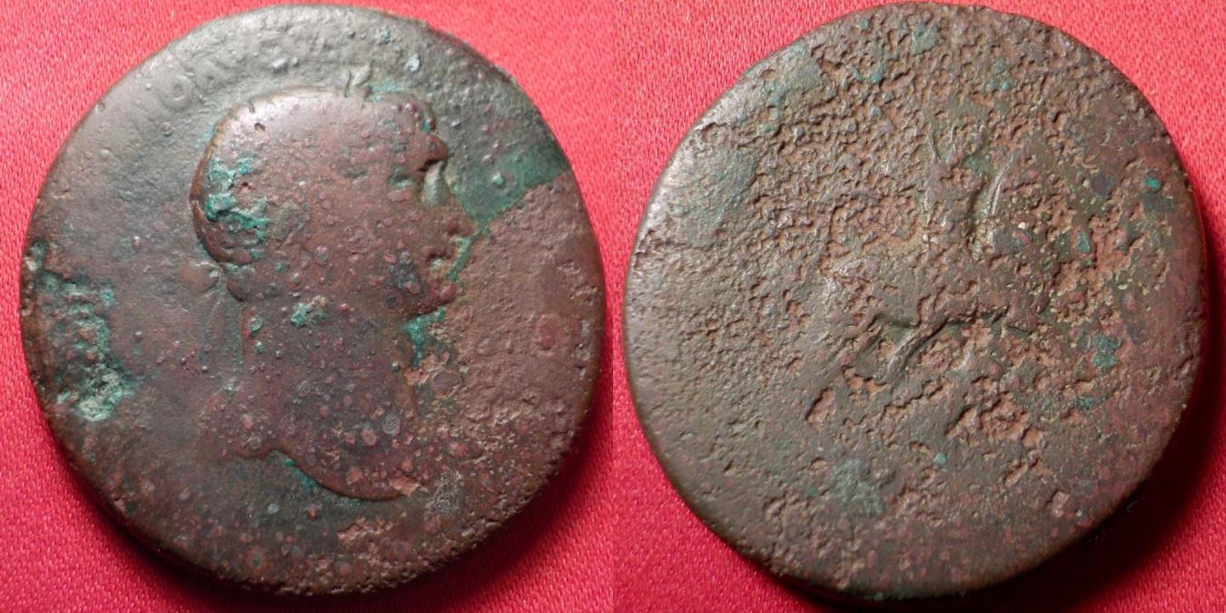 TRAJAN AE sestertius. Trajan riding right on horseback, spearing Dacian.