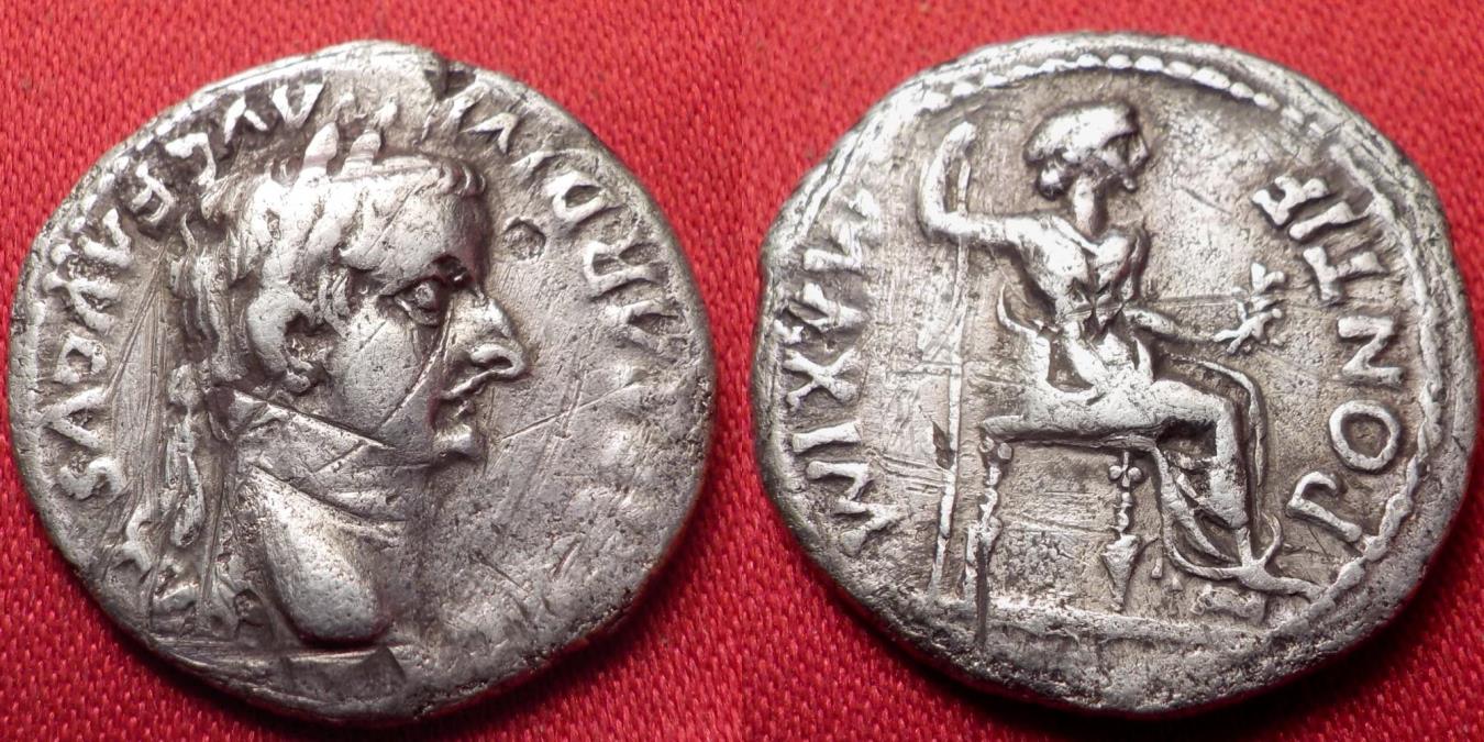 TIBERIUS AR silver denarius. PONTIF MAXIM, Livia, as Pax, seated right
