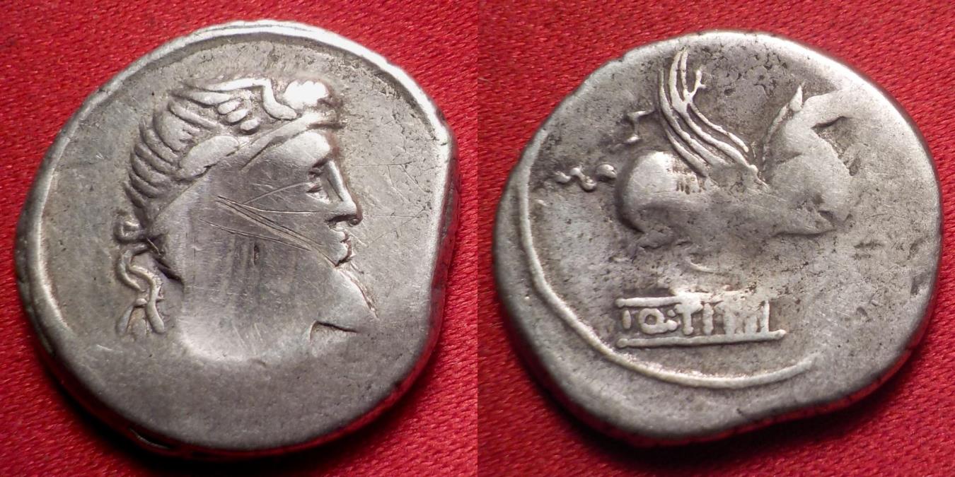 QUINTUS TITIUS AR silver denarius. Bust of Mutinus Titinus (Priapus ...