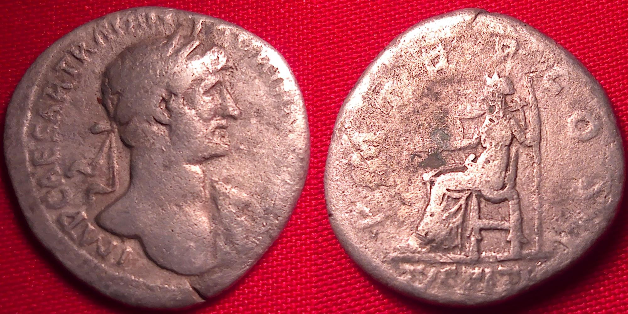 HADRIAN AR silver denarius. Rome, 117 AD. Justitia seated, holding ...