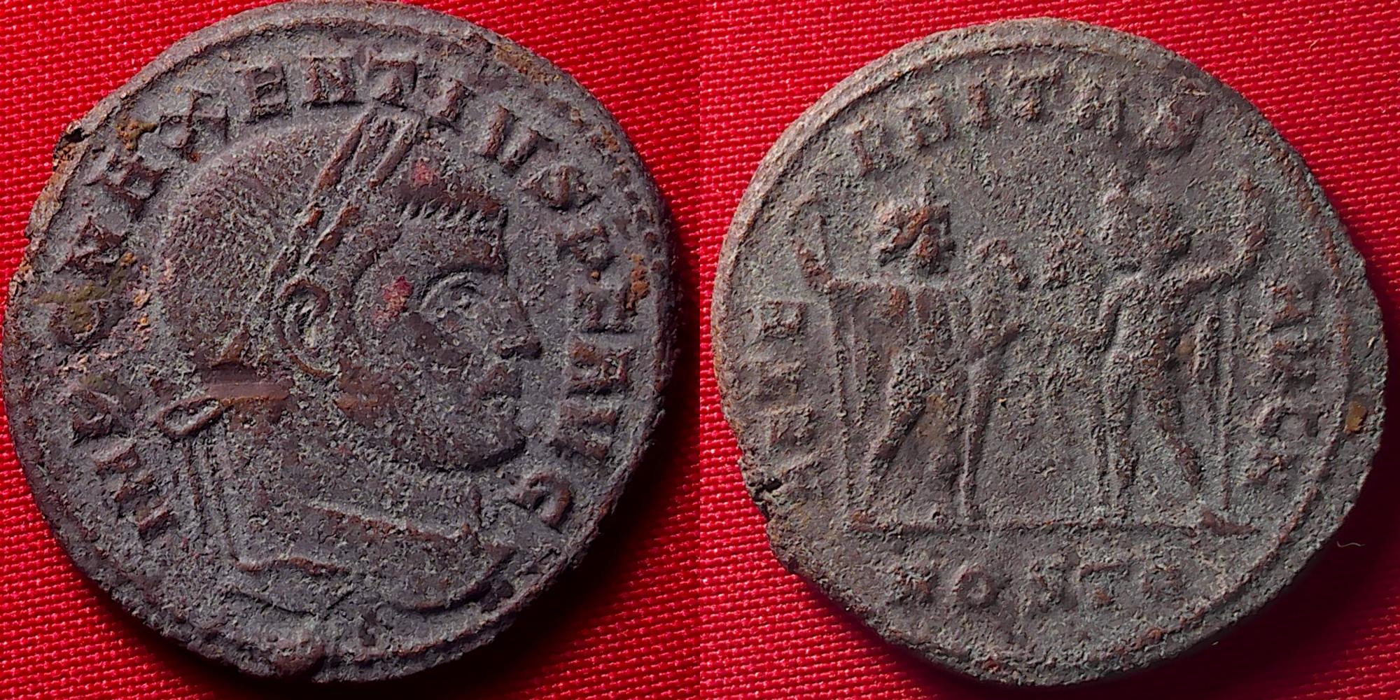MAXENTIUS AE follis. Ostia mint. The Dioscuri Castor & Pollux standing ...