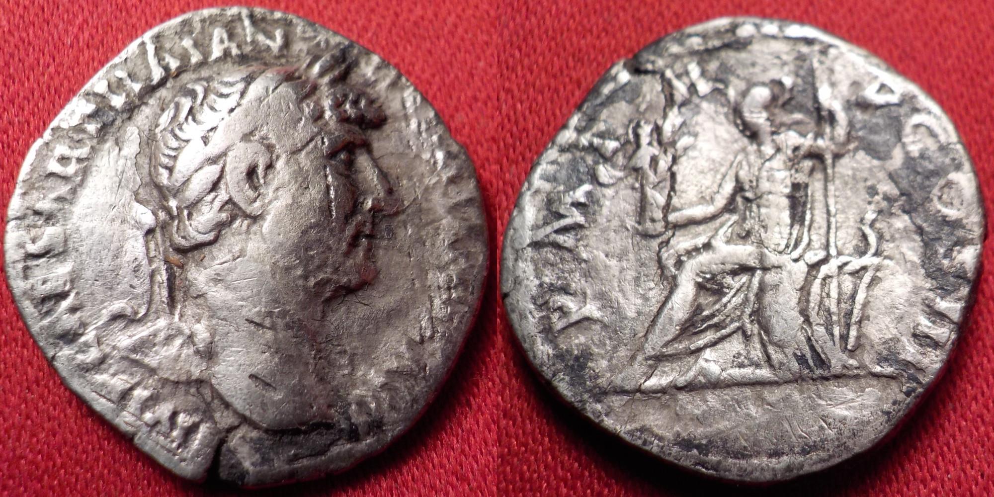 HADRIAN AR silver denarius. Roma seated on cuirass. | Roman Imperial Coins