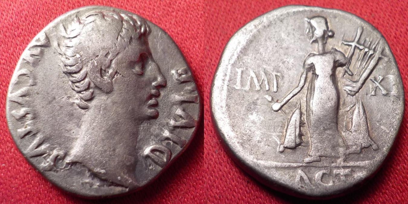 AUGUSTUS AR silver denarius. Actian Apollo standing, holding lyre.
