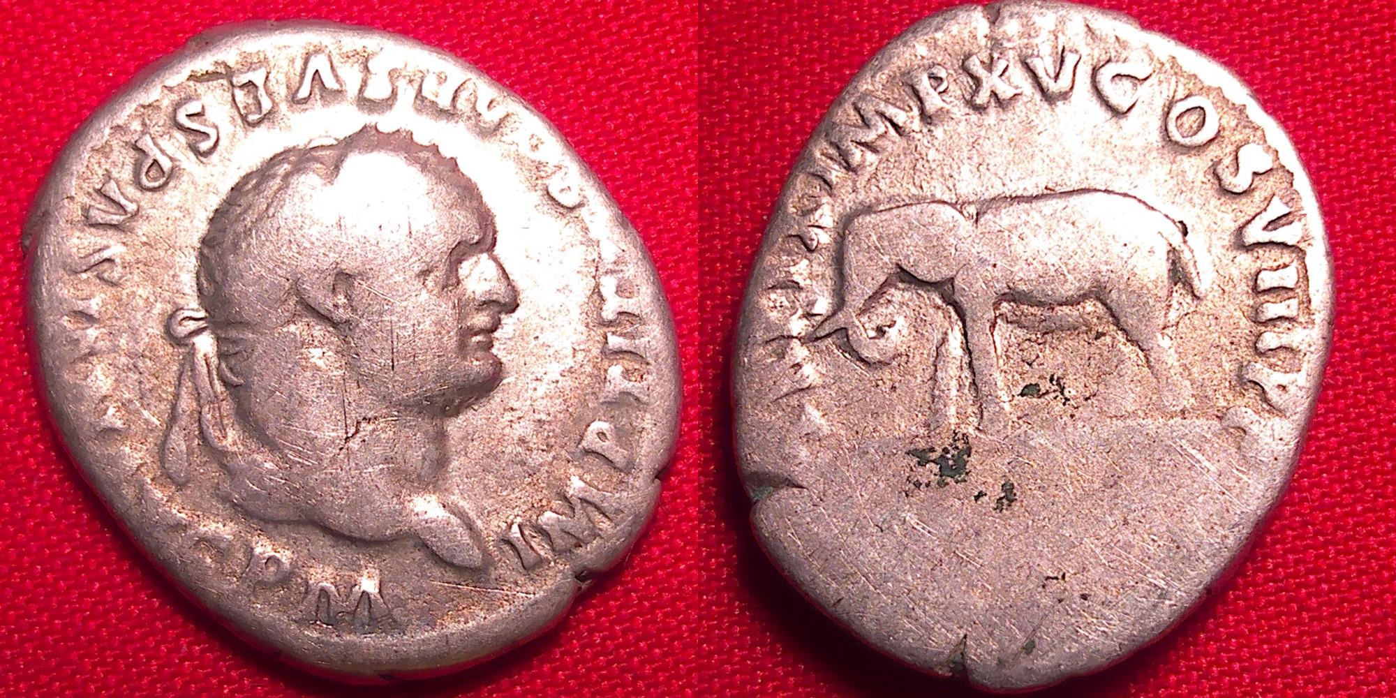 TITUS as Augustus AR silver denarius. Elephant standing. Colosseum ...
