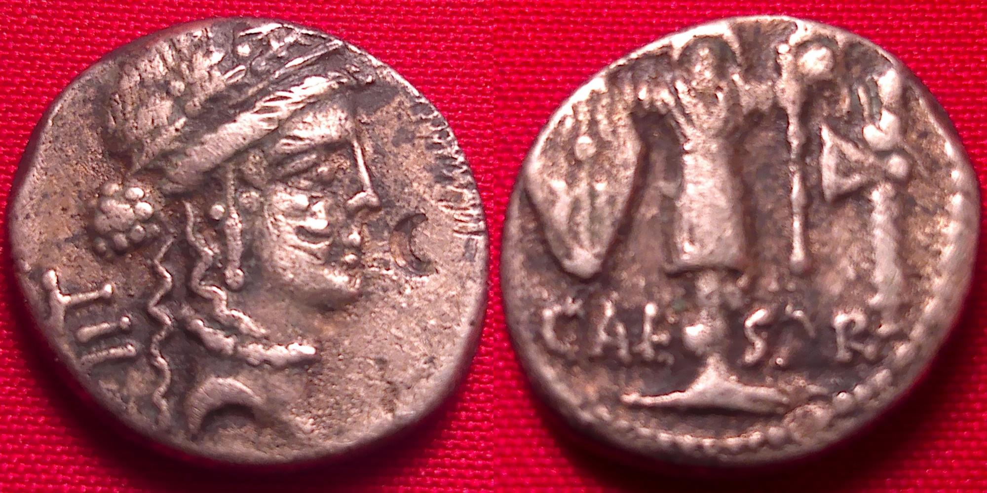 JULIUS CAESAR AR silver denarius. Bust of Clementia, Trophy of Gallic ...