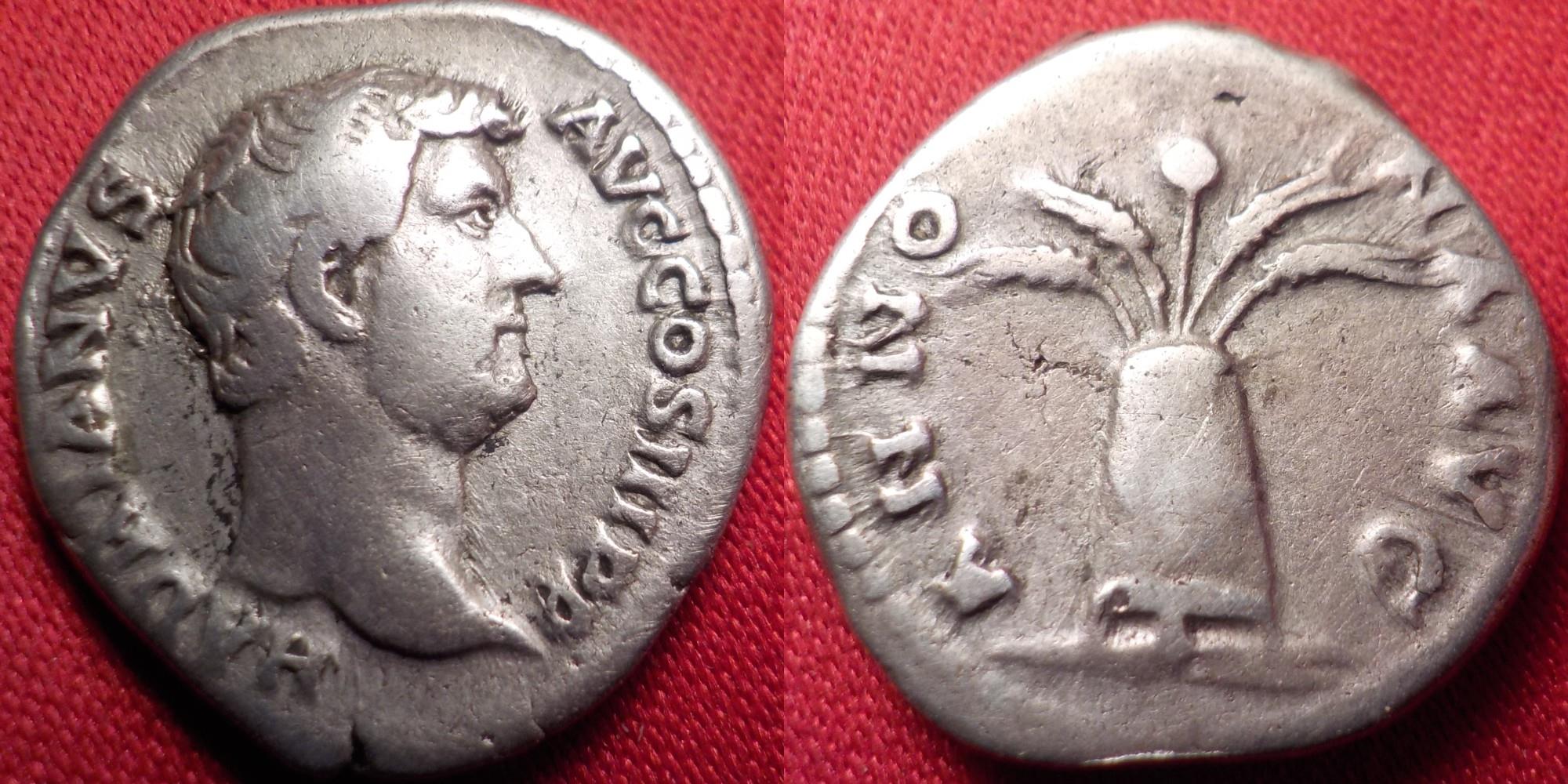 HADRIAN AR silver denarius. ANNONA AVG, modius with grain ears & poppy.