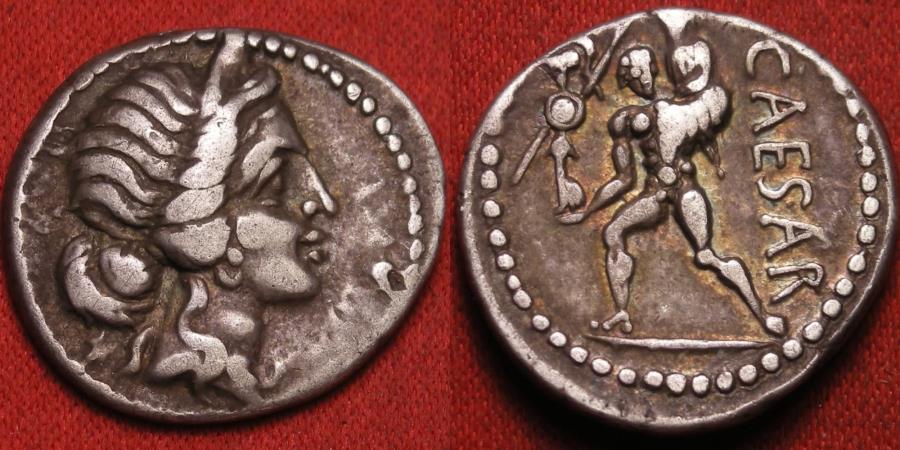JULIUS CAESAR AR silver denarius. Aeneas carrying Palladium and his ...