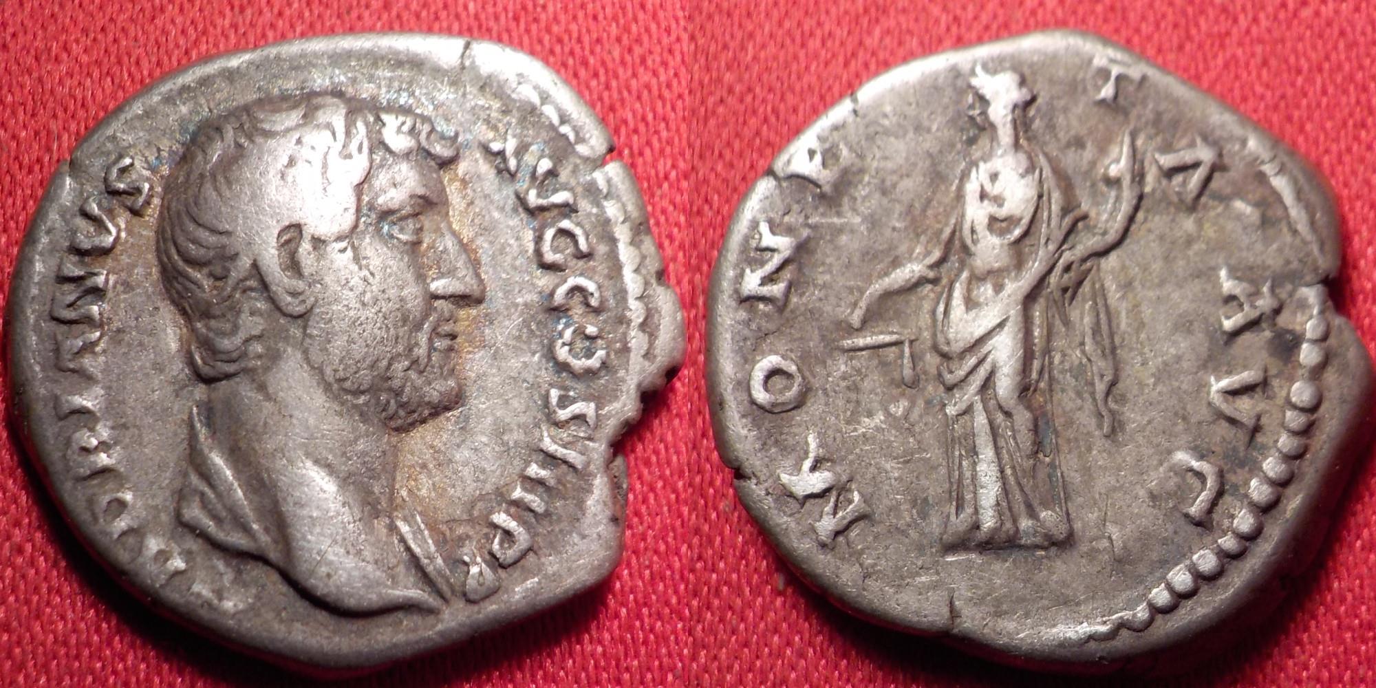 HADRIAN AR silver denarius. Moneta standing, holding scales & cornucopia.