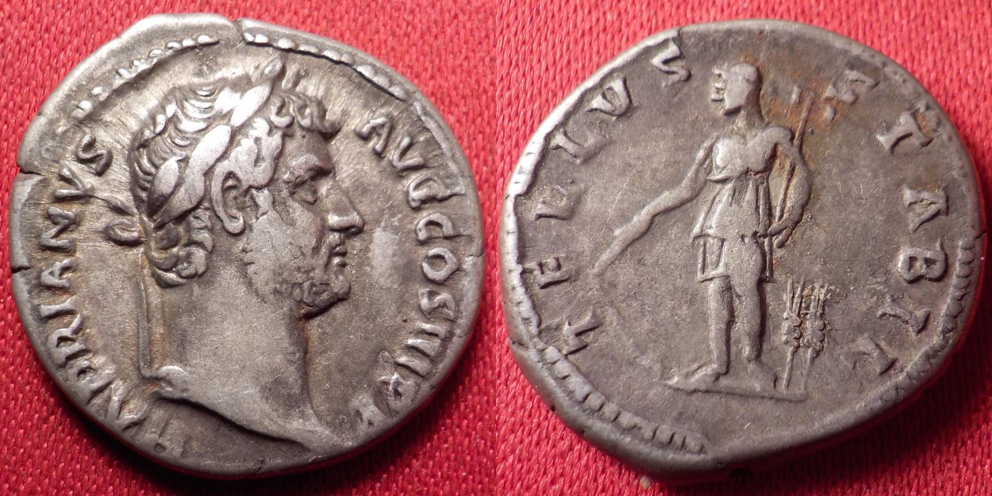 HADRIAN AR silver denarius. TELLUS STABIL. Tellus standing, holding ...