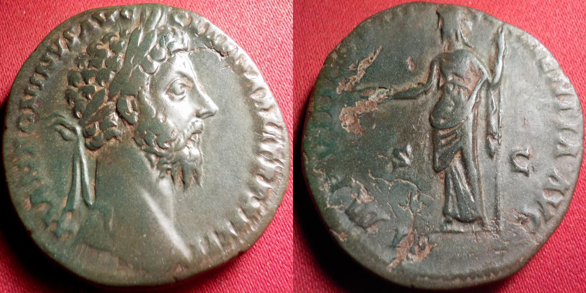 MARCUS AURELIUS AE sestertius. Clementia standing, holding patera ...