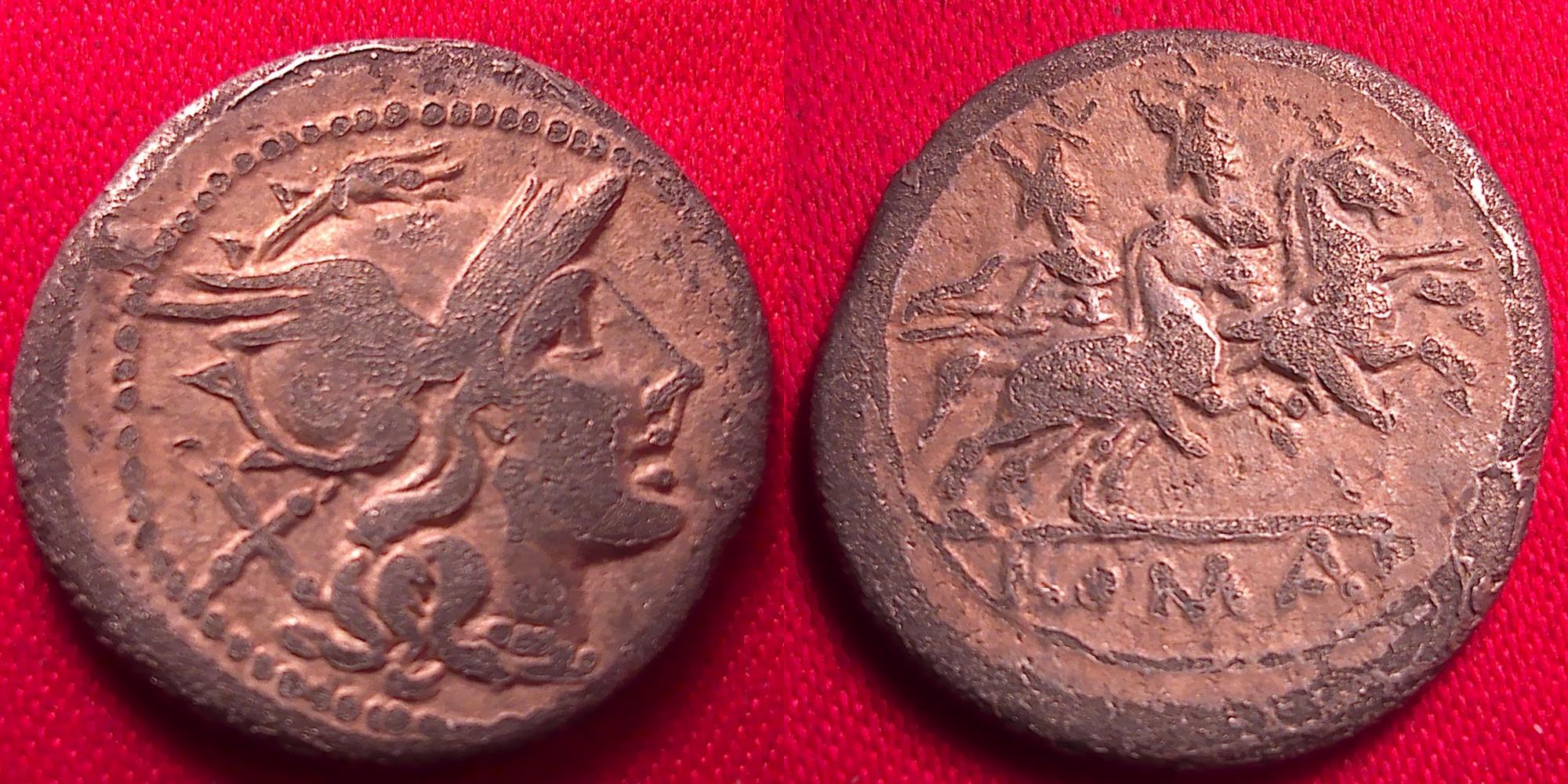 ANONYMOUS AR silver denarius. After 211 BC. Helmeted Roma, The Dioscuri ...