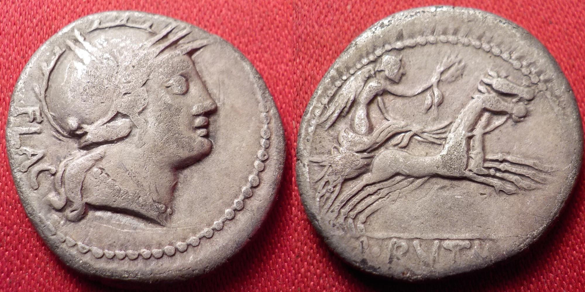 L RUTILIUS FLACCUS AR silver denarius. Helmeted bust of Roma, Victory ...
