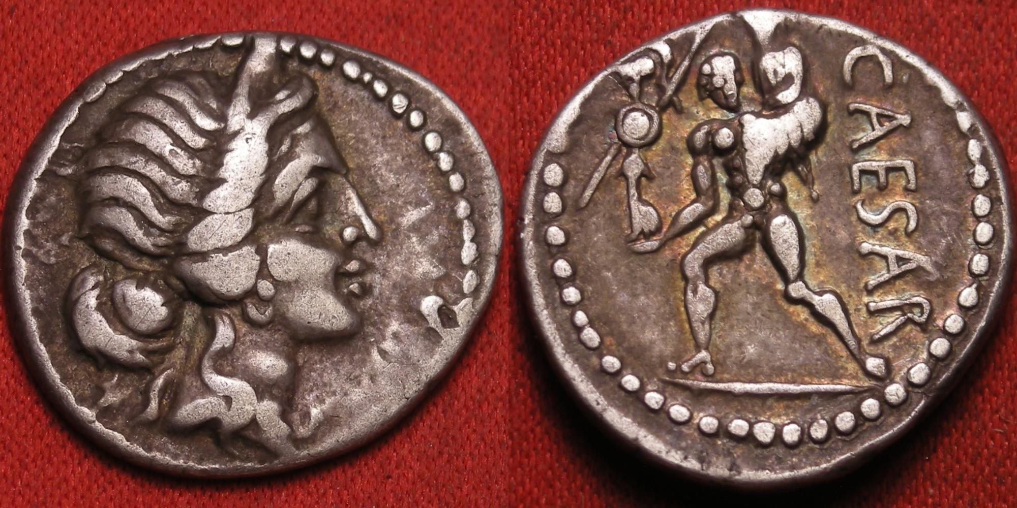 JULIUS CAESAR AR silver denarius. Aeneas carrying Palladium and his ...