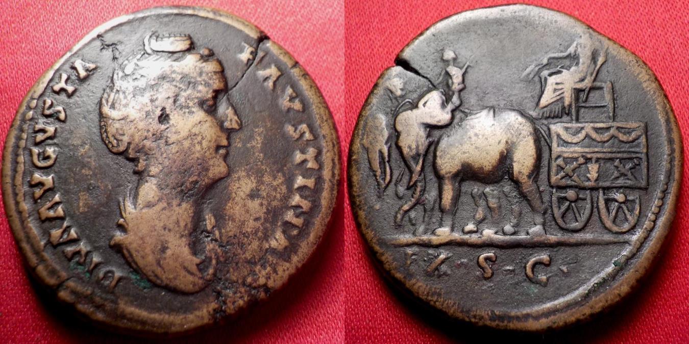 DIVA FAUSTINA I SENIOR AE sestertius. AETERNITAS, funereal carpentum ...