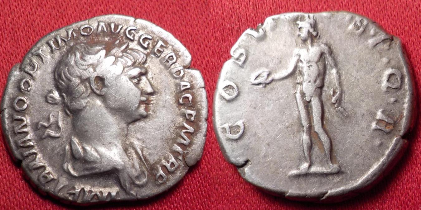 TRAJAN AR silver denarius. Bonus Eventus standing, naked holding patera ...