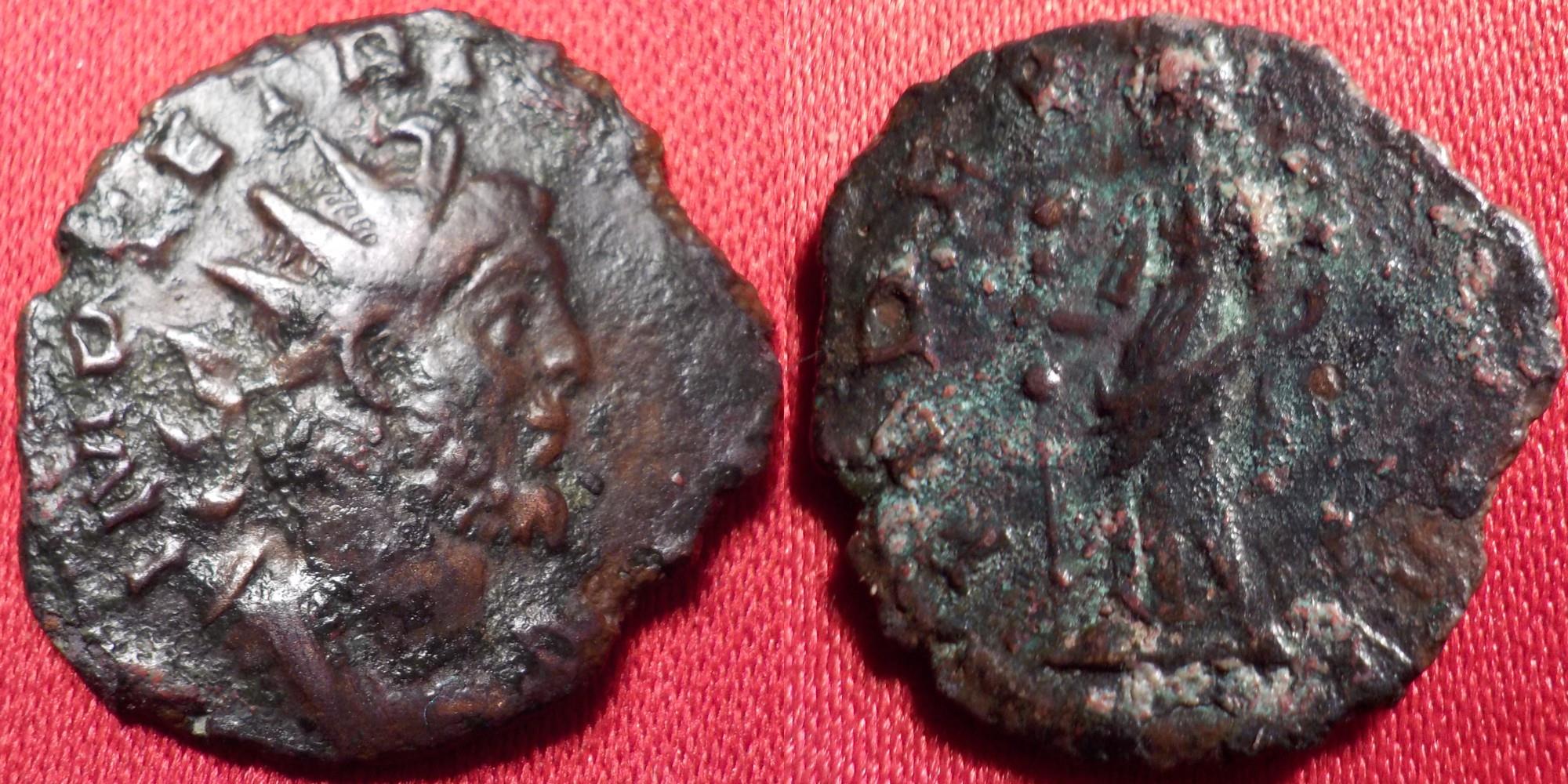 TETRICUS I AE antoninianus. FIDES standing, holding military standards.