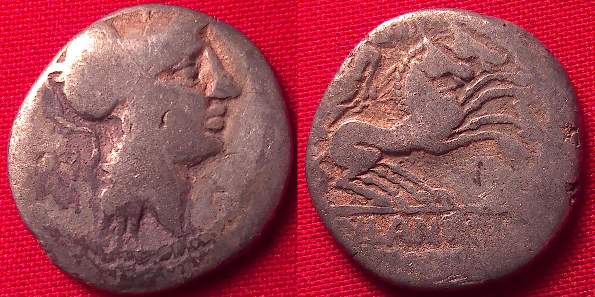 DECIMUS JUNIUS SILANUS AR silver denarius. Helmeted Roma, Victory in Biga