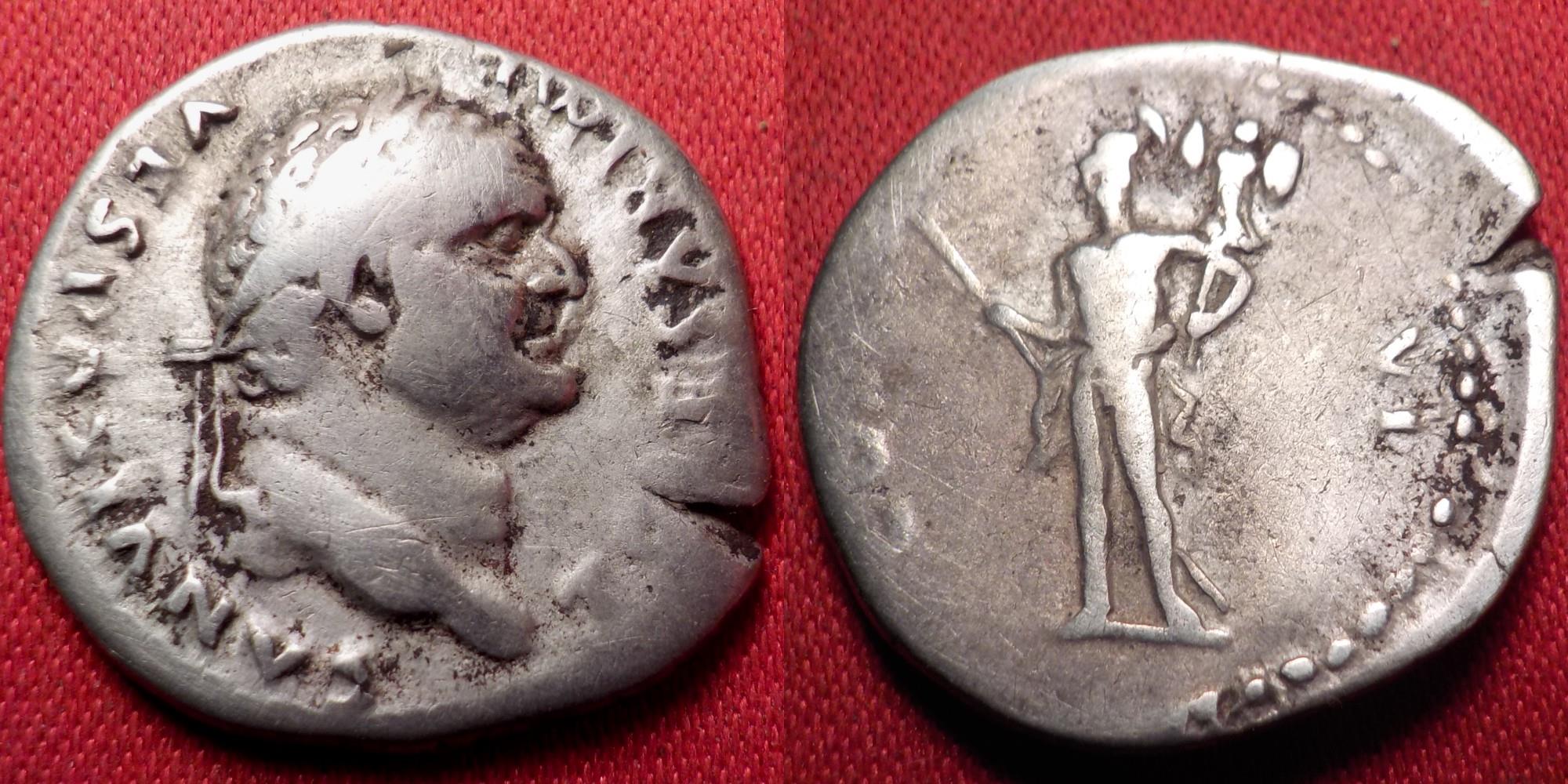 TITUS CAESAR AR silver denarius. COS VI, Mars standing, holding spear ...