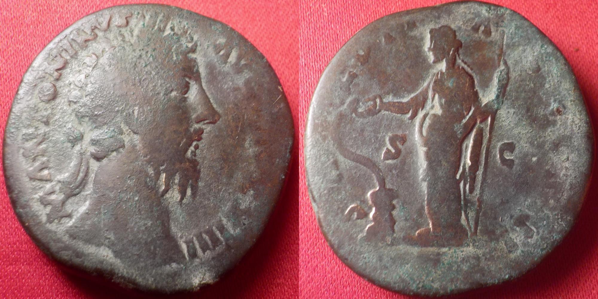 MARCUS AURELIUS AE sestertius. SALUS standing, feeding serpent arising ...