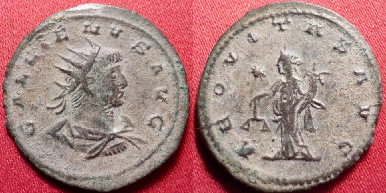 GALLIENUS AE antoninianus. Antioch mint. Aequitas standing, holding ...