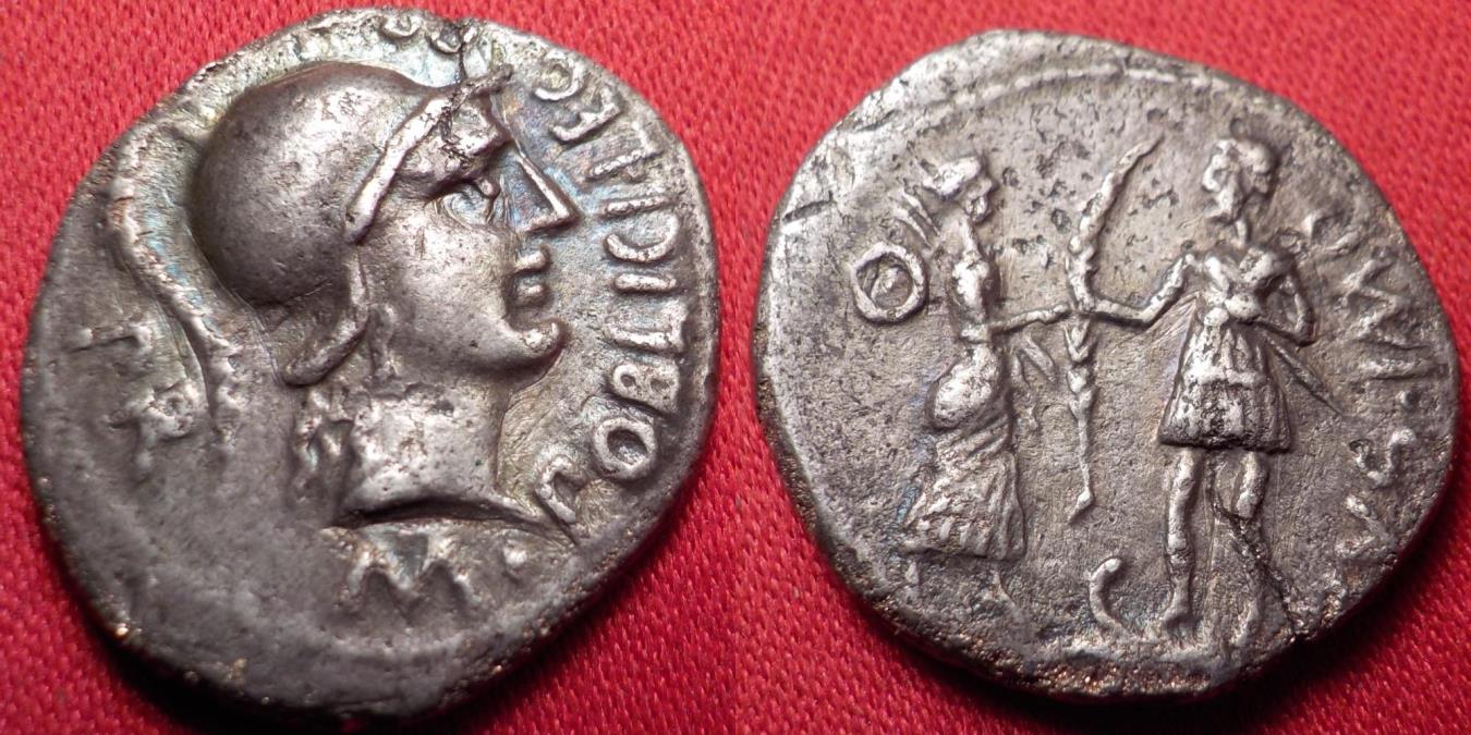 GNAEUS POMPEIUS MAGNUS JUNIOR AR silver denarius. Corduba, 46-45 BC ...