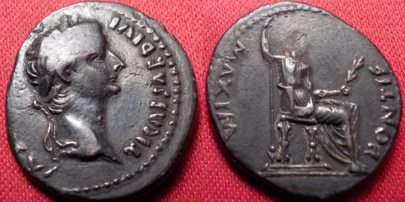 TIBERIUS AR silver denarius. PONTIF MAXIM, Livia, as Pax, seated right