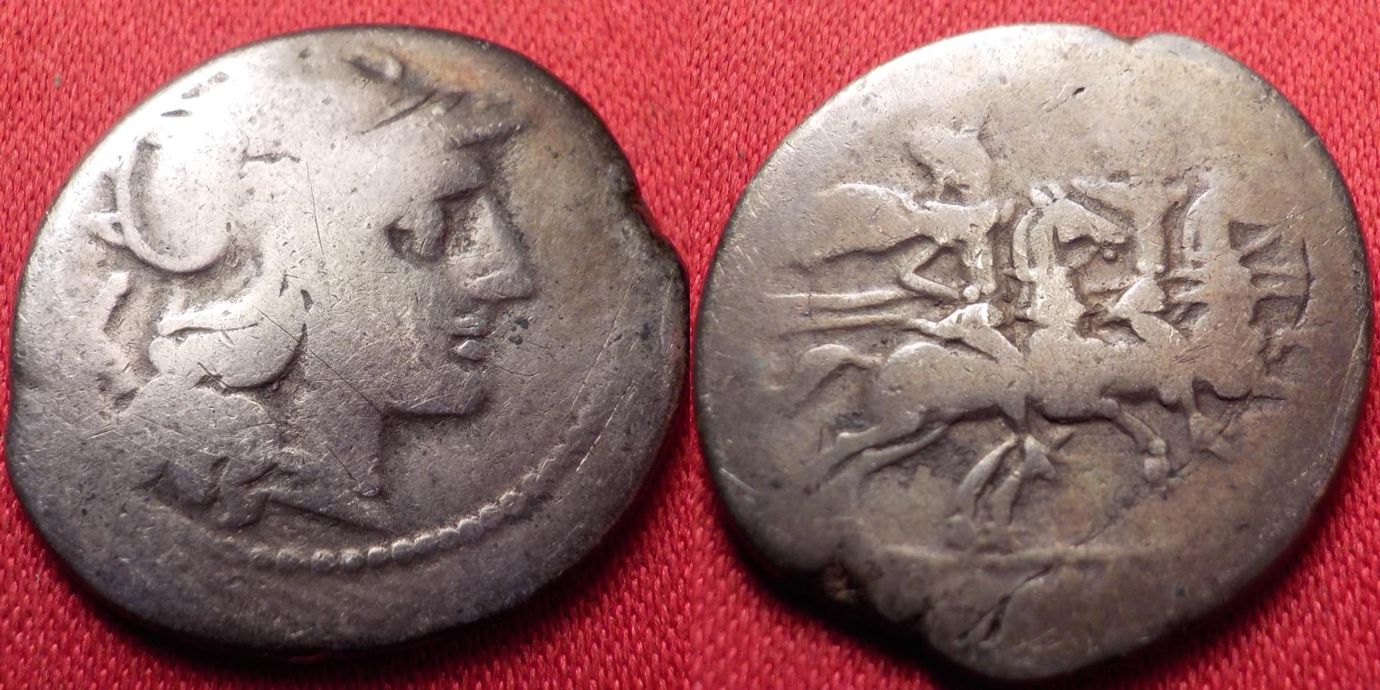 ANONYMOUS AR silver denarius. After 211 BC. Helmeted Roma, The Dioscuri ...