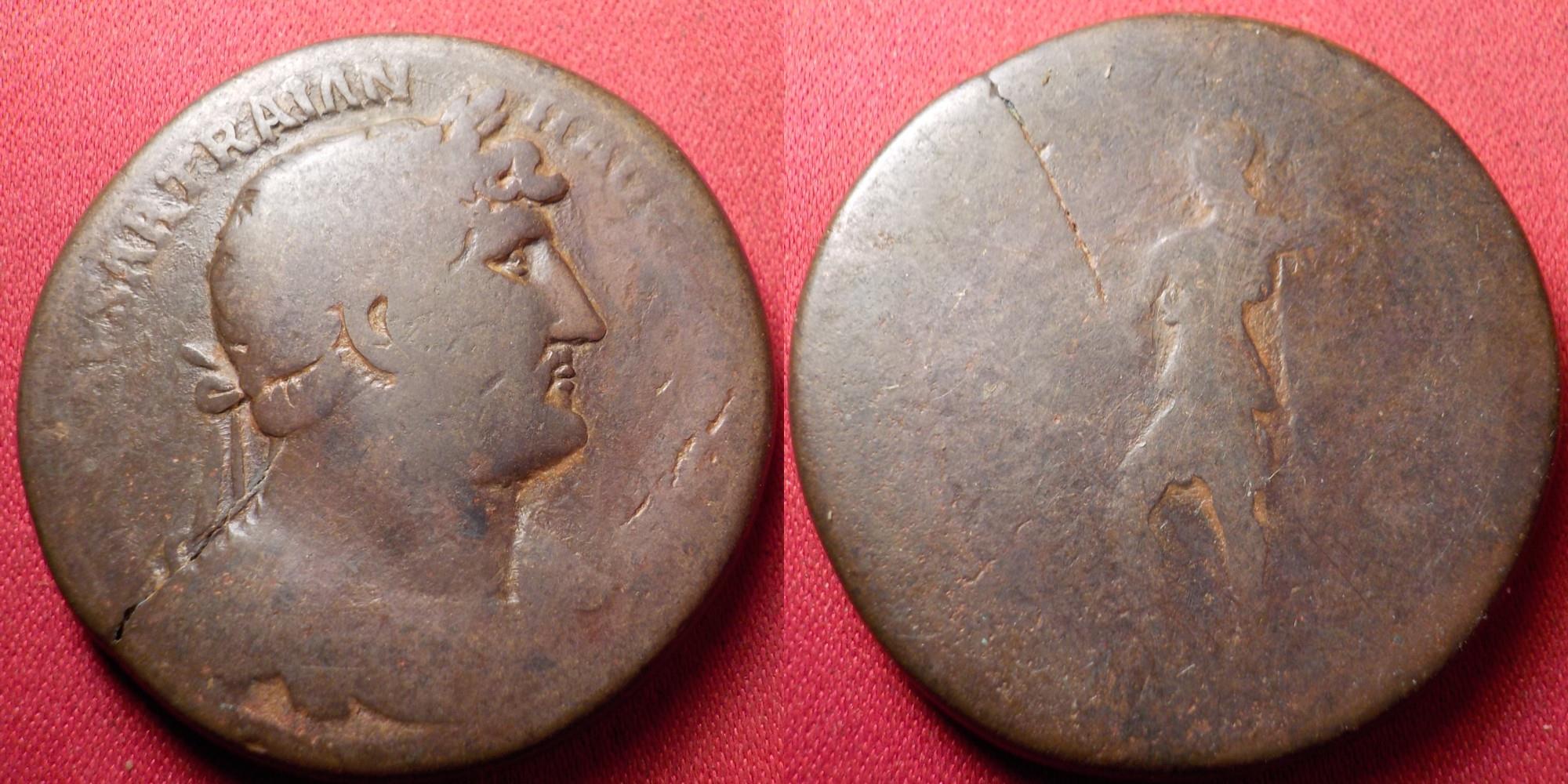 HADRIAN AE sestertius. VIRT AVG, Virtus standing left, holding spear ...