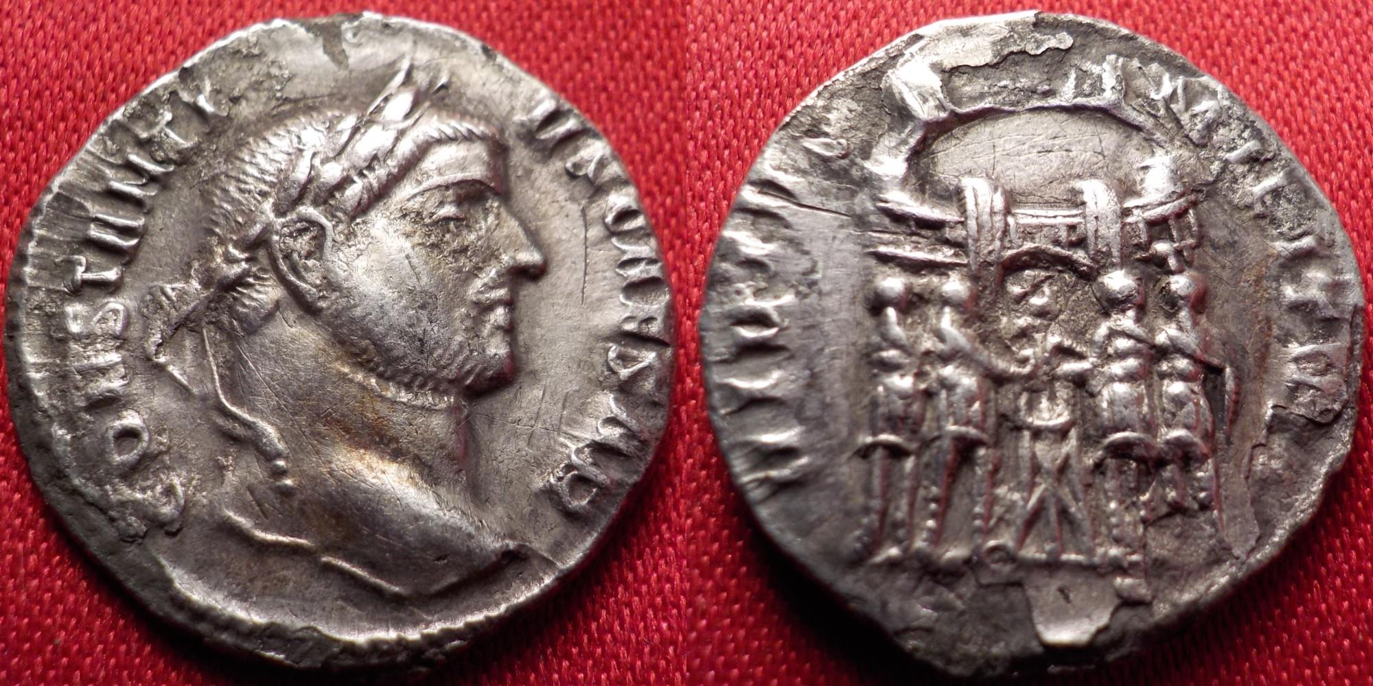 CONSTANTIUS I CHLORUS AR silver argenteus. Tetrarchs sacrificing