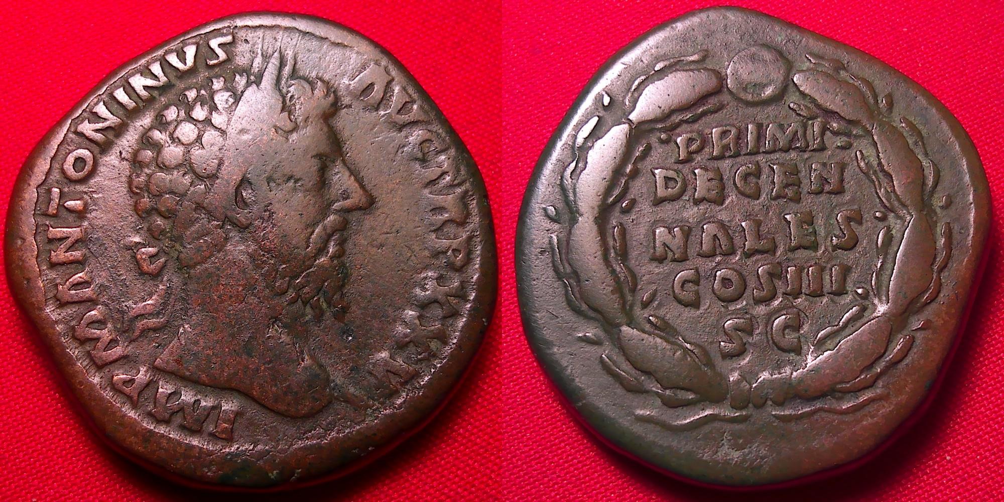 MARCUS AURELIUS AE sestertius. PRIMI DECENNALES, five lines within ...