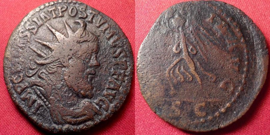 POSTUMUS AE 'double sestertius'. VICTORIA AVG, Victory advancing left ...