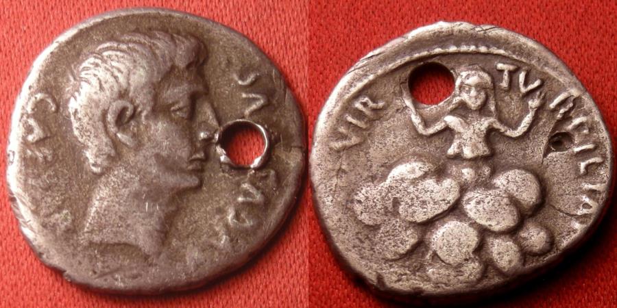 AUGUSTUS AR silver denarius. Rome, 19-18 BC. TARPEIA being buried by ...