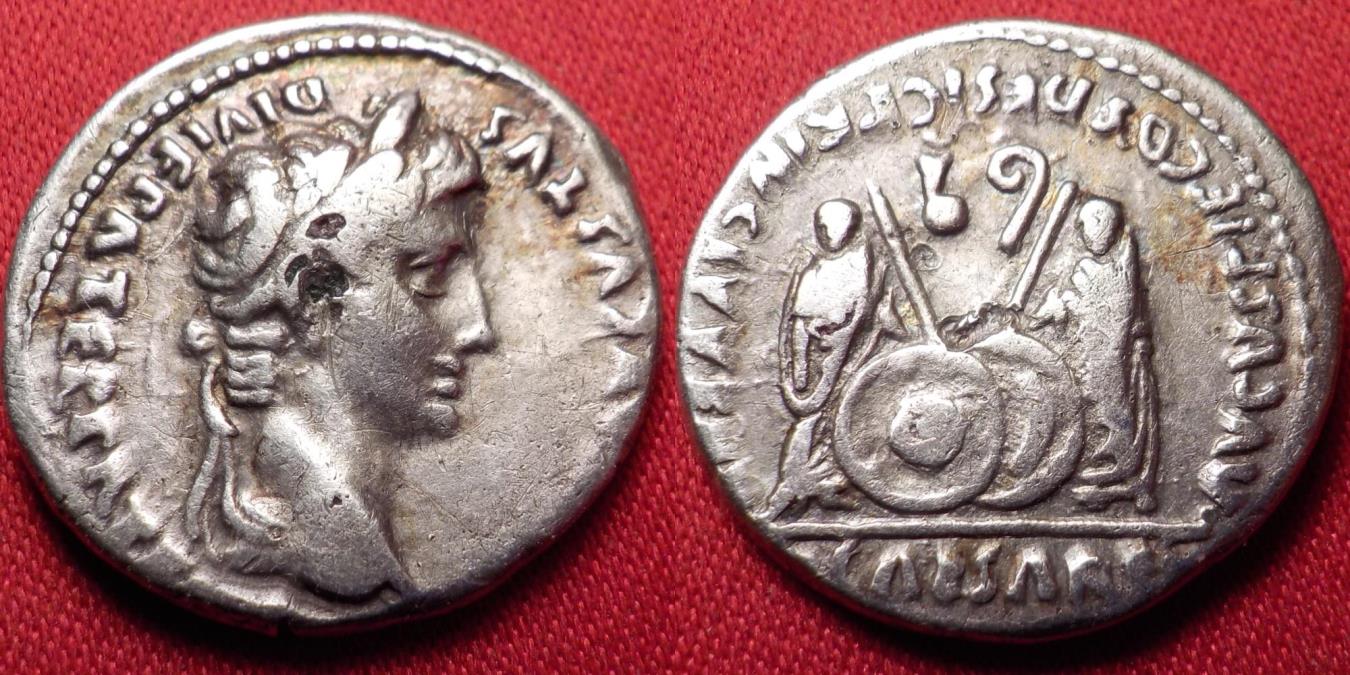 AUGUSTUS AR silver denarius. Caius & Lucius Caesars standing, shields ...