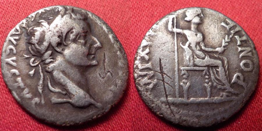 TIBERIUS AR silver denarius. PONTIF MAXIM, Livia, as Pax, seated right