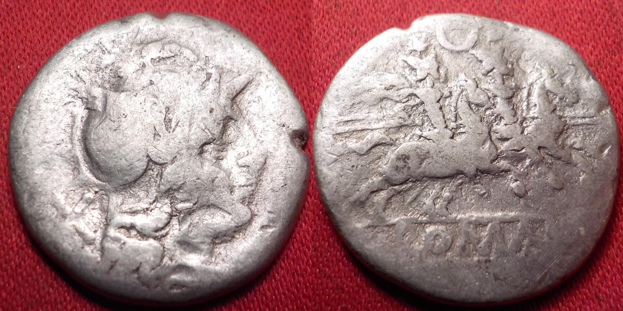 ANONYMOUS AR silver denarius. Circa 207 BC. Helmeted Roma / Dioscuri on ...
