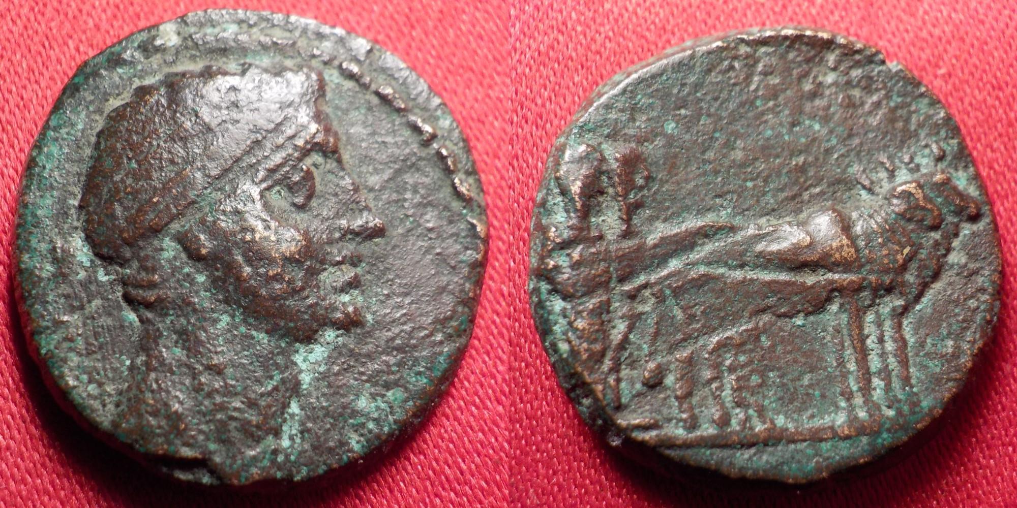 AUGUSTUS AE 18mm. Mysia, Parium. Two colonists ploughing with two oxen.