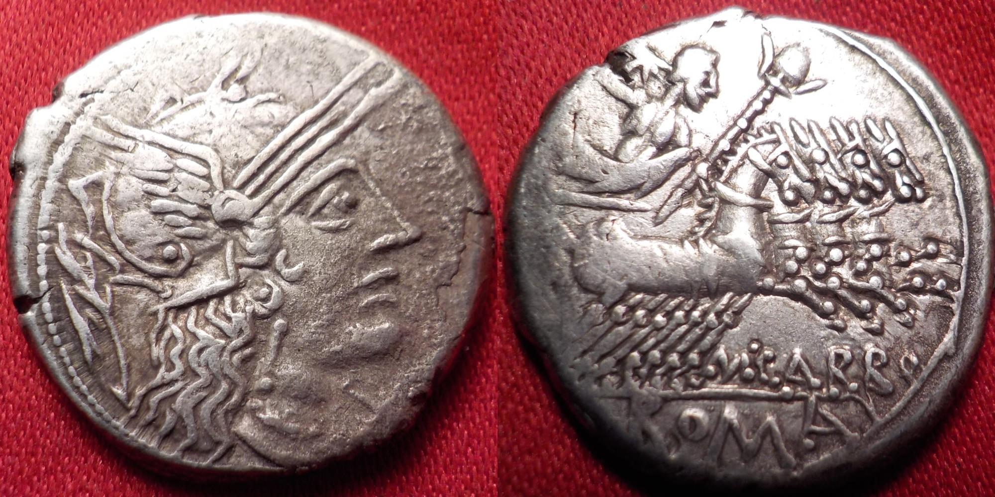 MARCUS PAPIRIUS CARBO AR silver denarius. Helmeted Roma, Jupiter in ...