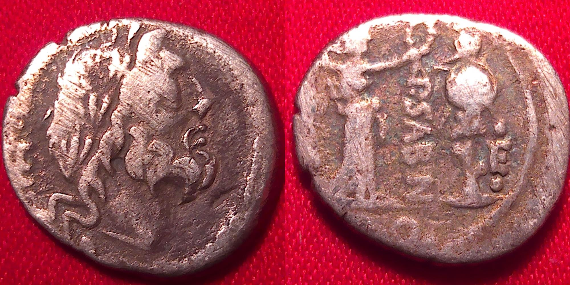 P VETTIUS SABINUS AR silver quinarius. Bust of Jupiter, Victory ...