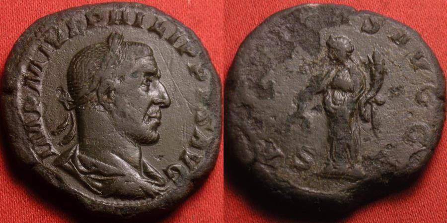 PHILIP I THE ARAB AE sestertius. Aequitas standing, holding scales ...