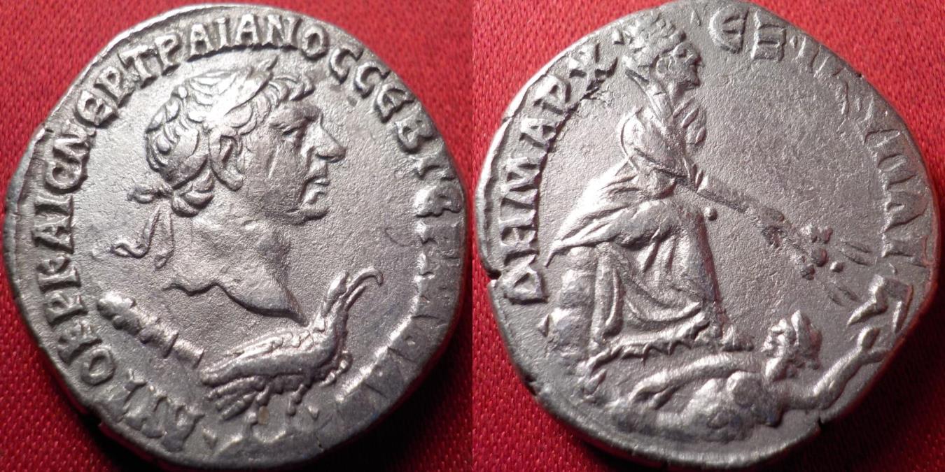 TRAJAN AR silver tetradrachm. Tyche of Antioch, river god Orontes before.