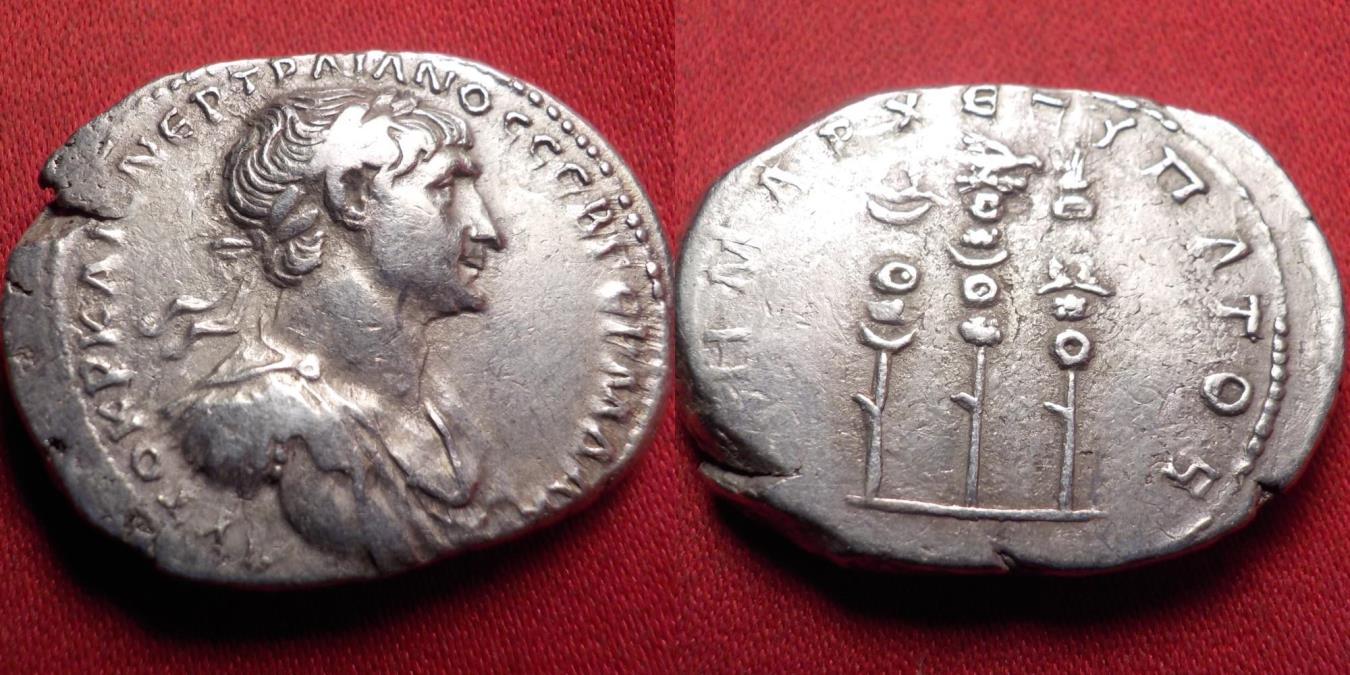 TRAJAN AR silver tridrachm. Arabia Petraea, 112-114 AD. Three standards ...