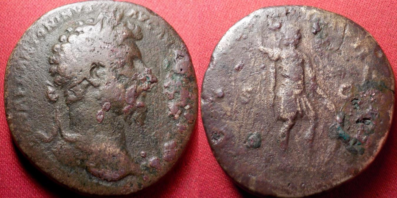 MARCUS AURELIUS AE sestertius. Mars standing right, holding spear, hand ...