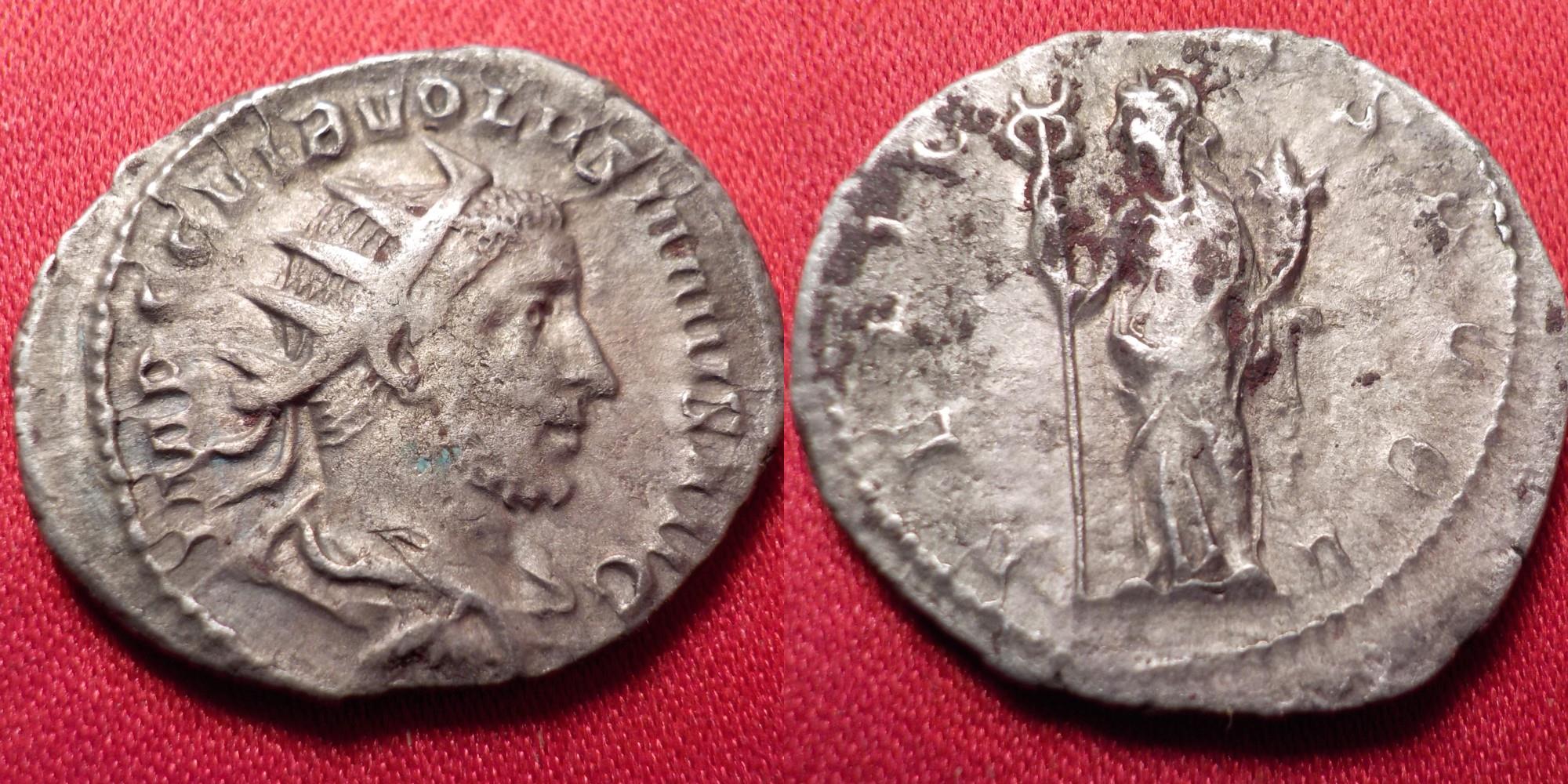 VOLUSIAN AR silver antoninianus. FELICITAS PVBL, Felicitas standing ...