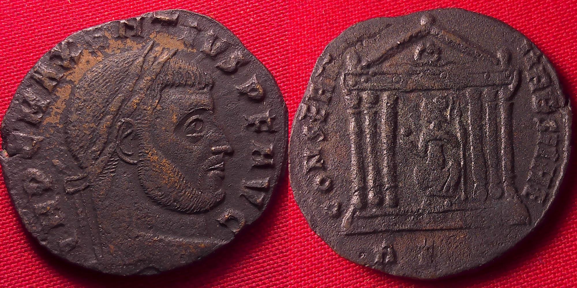 MAXENTIUS AE follis. Rome, 308-310 AD, RBT Roma in hexastyle temple.