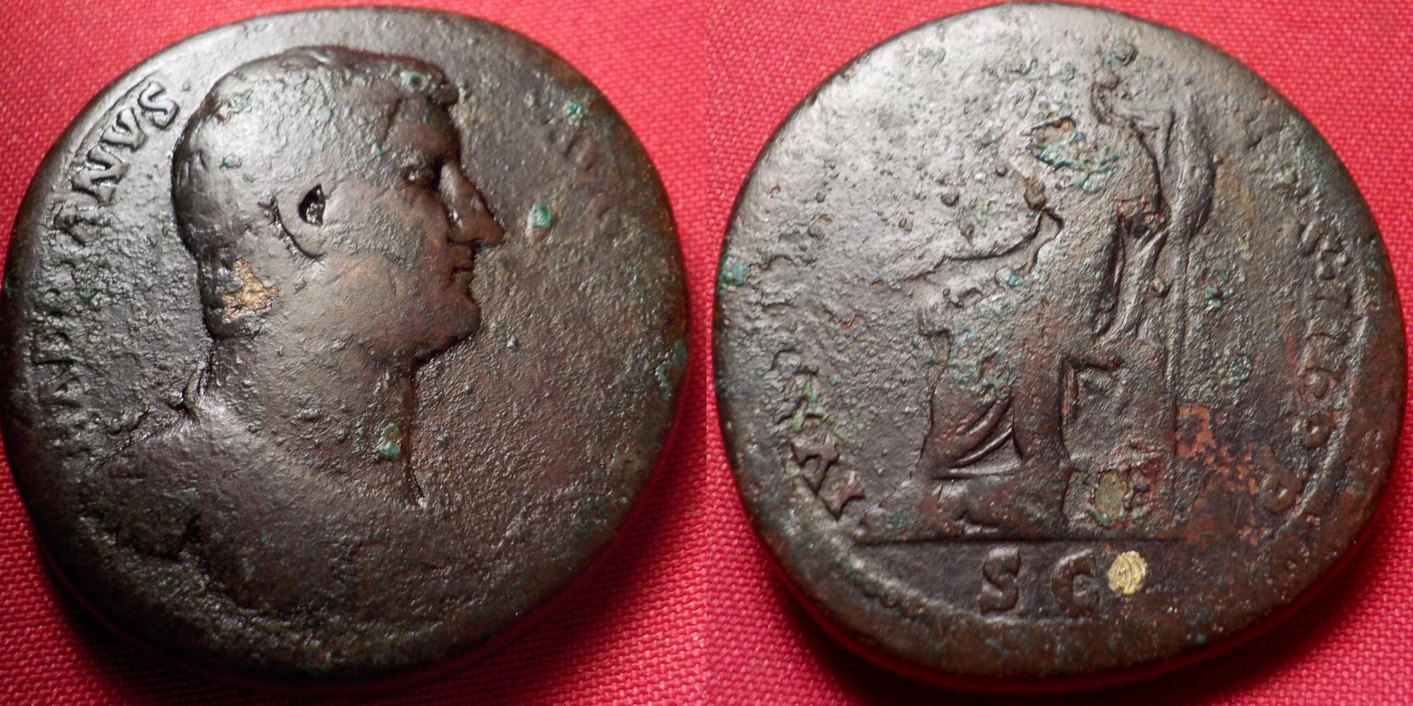 HADRIAN AE orichalcum sestertius. Rome, 129-130 AD. Bare headed bust ...